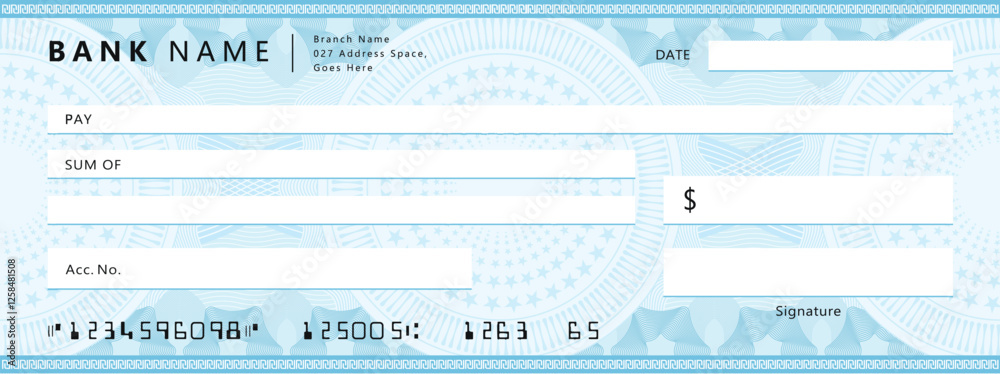 Blank bank check, checkbook cheque template with blue guilloche, vector ...