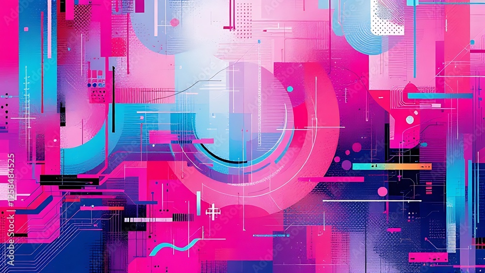 Abstract blue, mint and pink background with interlaced digital glitch and distortion effect ...