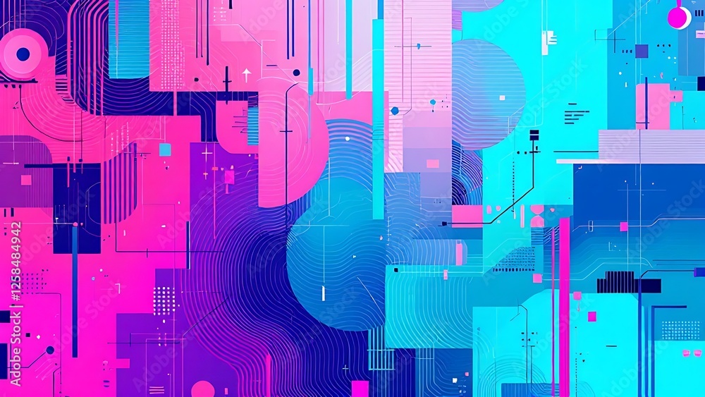 Abstract blue, mint and pink background with interlaced digital glitch ...