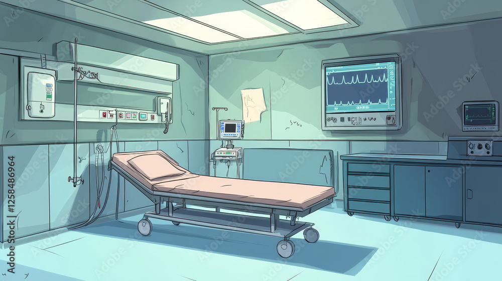 Illustration Stock Hospital ward interior with adjustable bed, medical ...