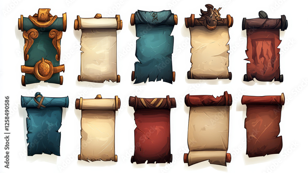 Ilustración de Stock Parchment scrolls, old banners letters, cartoon rolls, blank paper open and ...