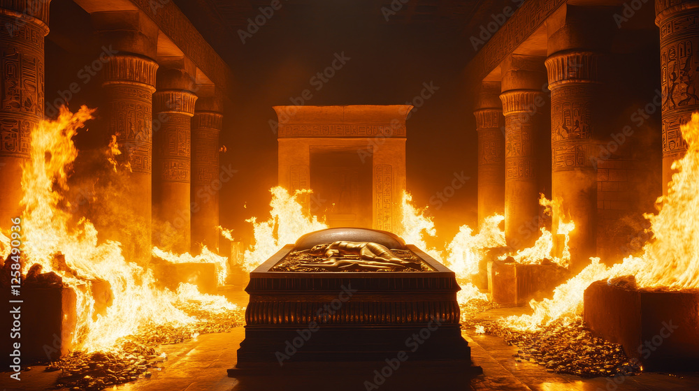 Night ancient egyptian pharaoh temple with sarcophagus background. Fire ...