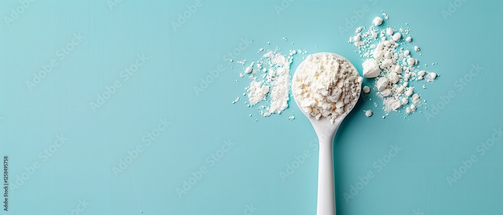 Over a pale blue setting, a measurement plastic spoon offering powdered calcium citrate or ...