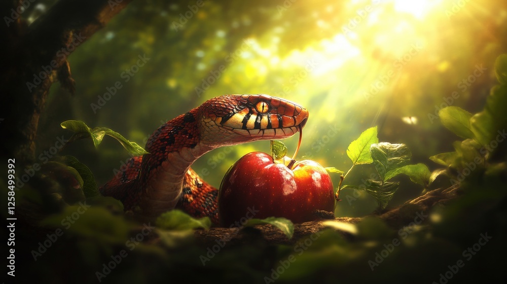 Snake consuming an apple in a forest setting depicting biblical ...