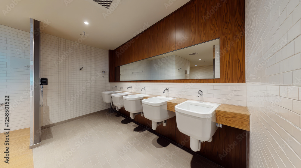 Ceramic urinal and basin in public male toilet. Vector realistic empty ...