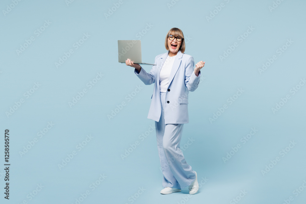 Full body happy employee IT business woman 50s wears classic suit ...