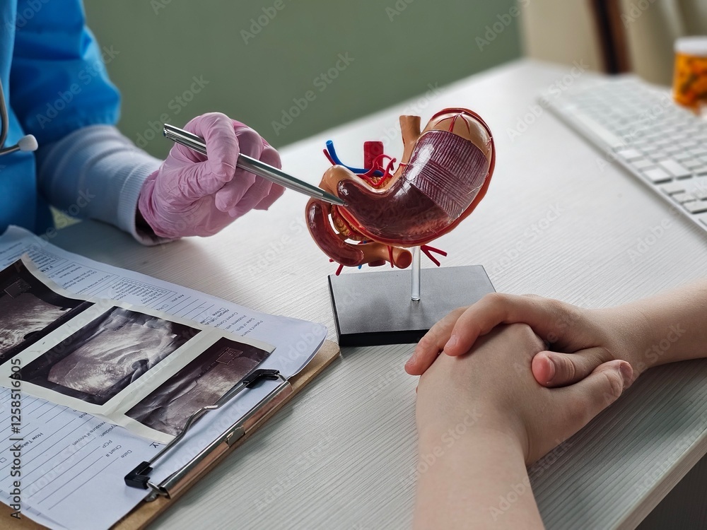 Doctor discusses a 3D model of the stomach and digestive system with a ...