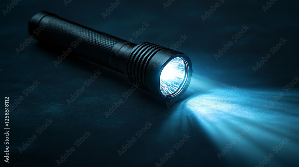 Flashlight beam effect with black metallic torch emitting bright ...