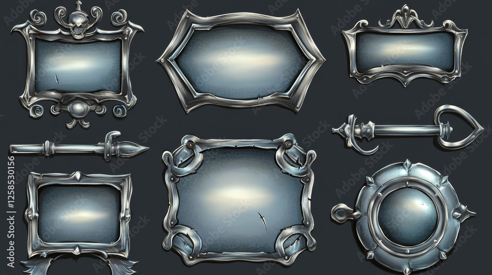 Game silver buttons with fantasy frames in medieval style. Vector ...
