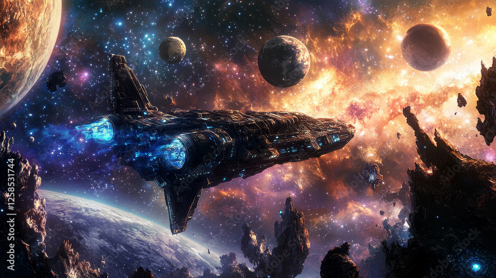 Mobile arcade with spaceship parallax background, interstellar shuttle ...