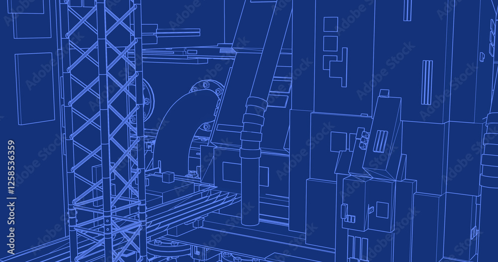 High detail line art drawing blueprint building complex facility pipes ...