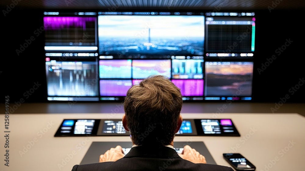 Man Editing Video on Multiple Screens in a Dark Professional Control ...