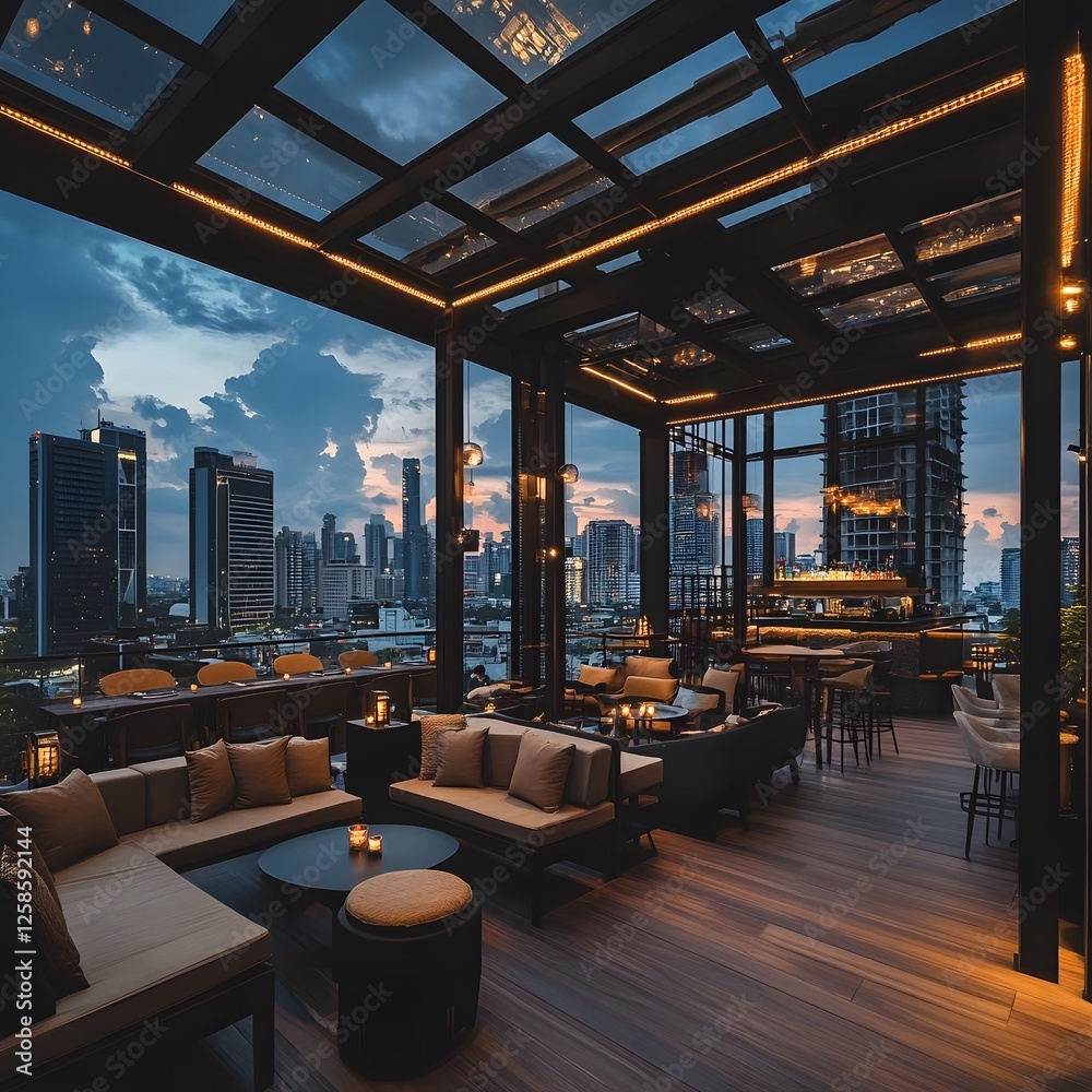 Rooftop bar with modern furniture and city skyline view from elevated ...