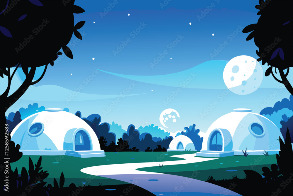 Render a serene alien village nestled in a lush landscape, featuring ...