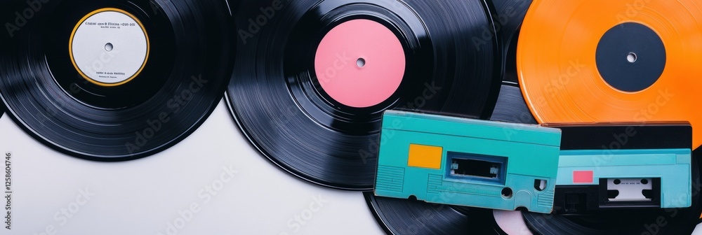 Colorful vinyl records and retro cassettes showcase fun designs with K ...