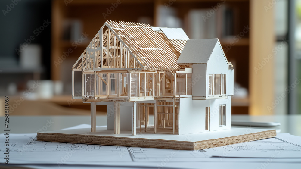 Close-up of a scale architectural model of a house with white cardboard ...