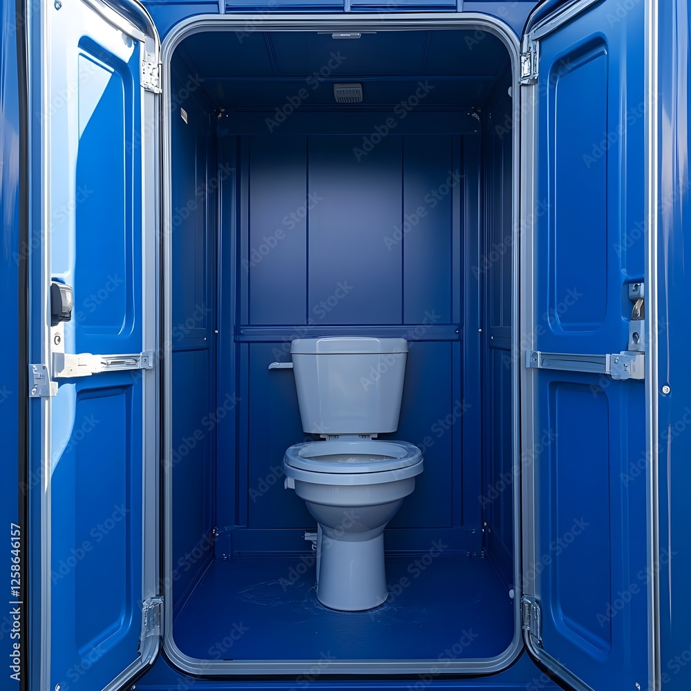 Cobalt Blue Portable Trailer Toilet Stall with Open Door Showing Toilet ...