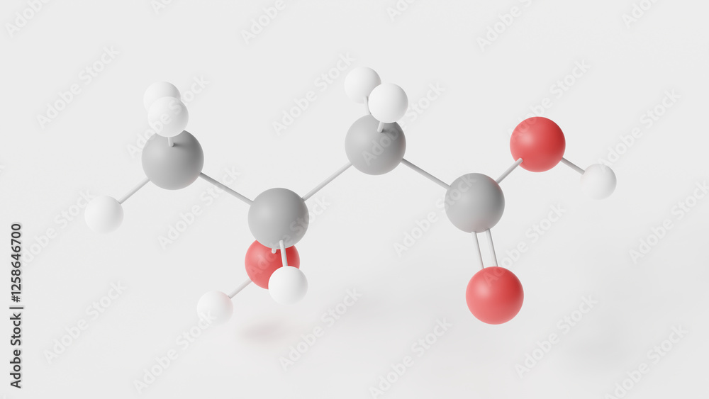 b-hydroxybutyric acid, molecule 3d, molecular structure, ball and stick ...