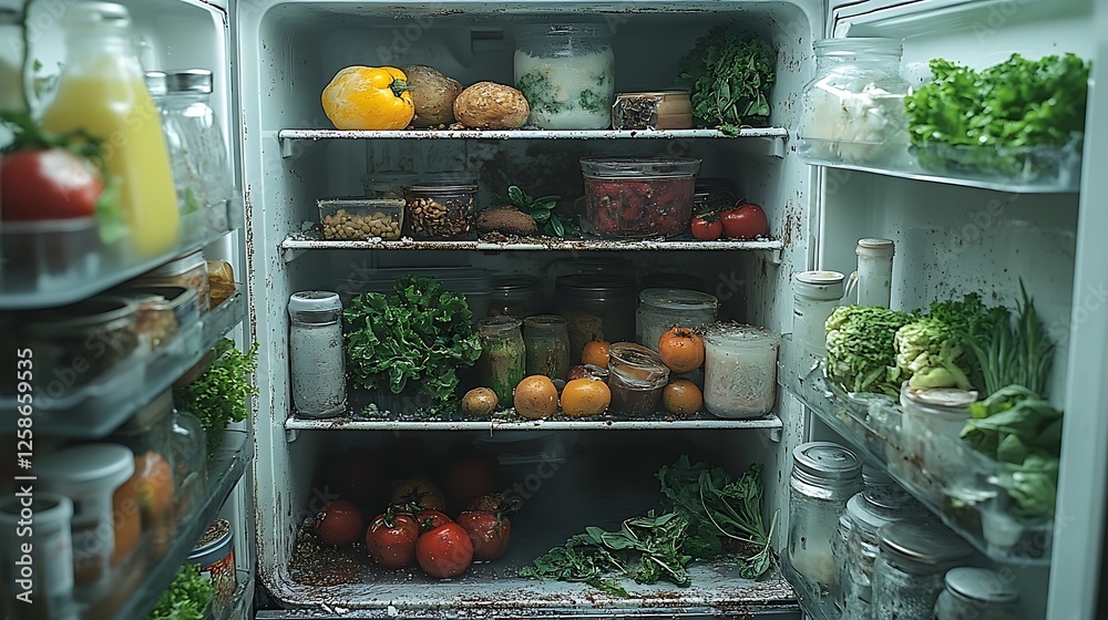 Moldy food stored in an unclean refrigerator with a broken shelf Stock ...