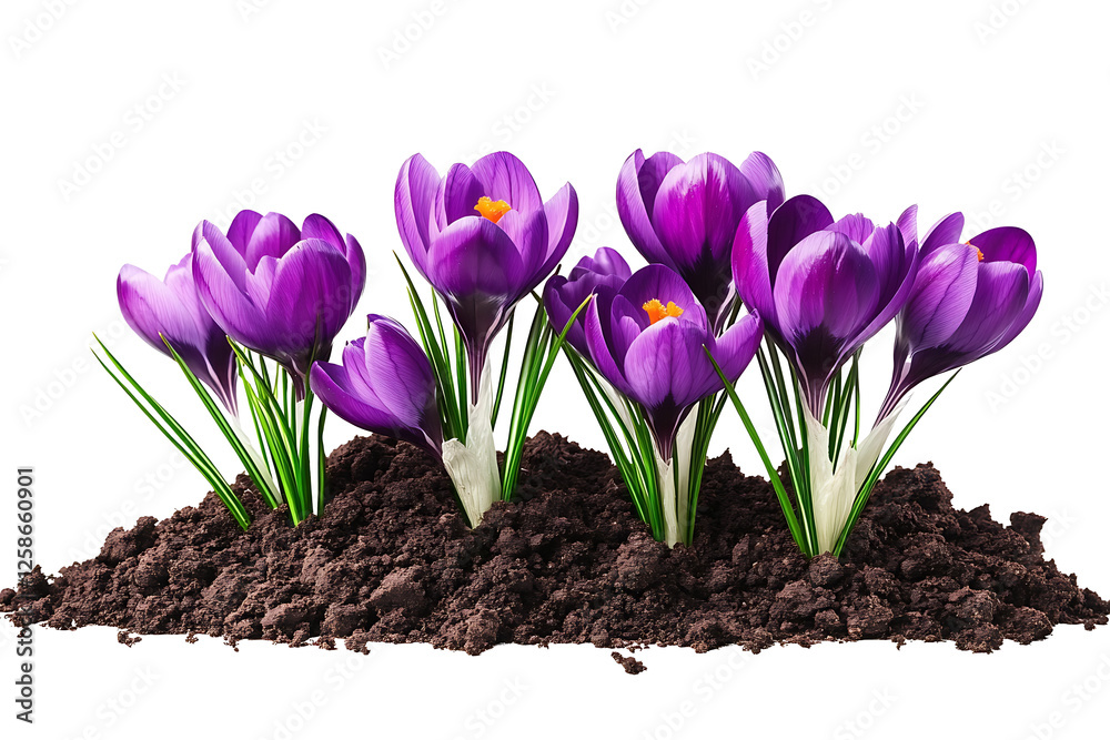 Purple crocus flowers growing singly on the ground, isolated on a ...