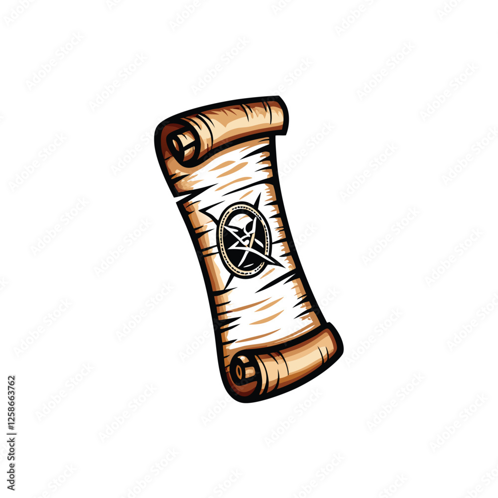 Design an antique scroll, parchment texture, featuring a stylized death ...