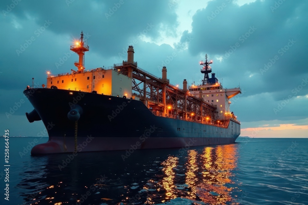 Immense industrial refinery vessel; entry points, safety signs visible ...