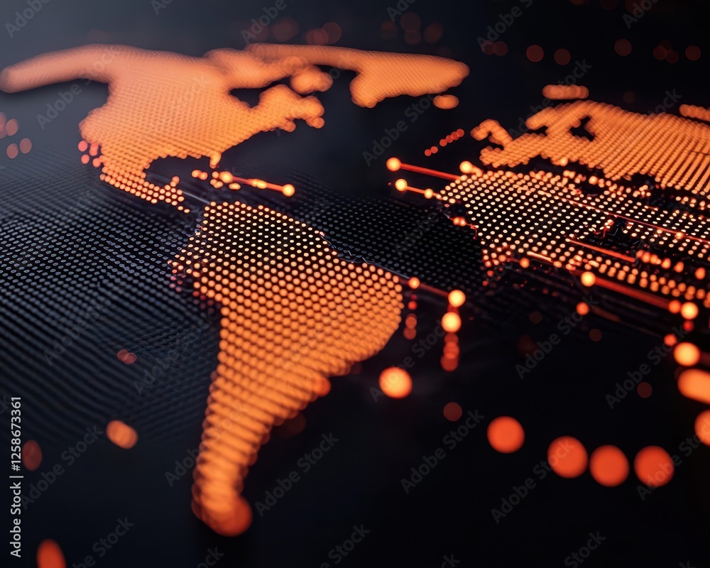 Global funds network visualized as glowing dots on a dark world map ...