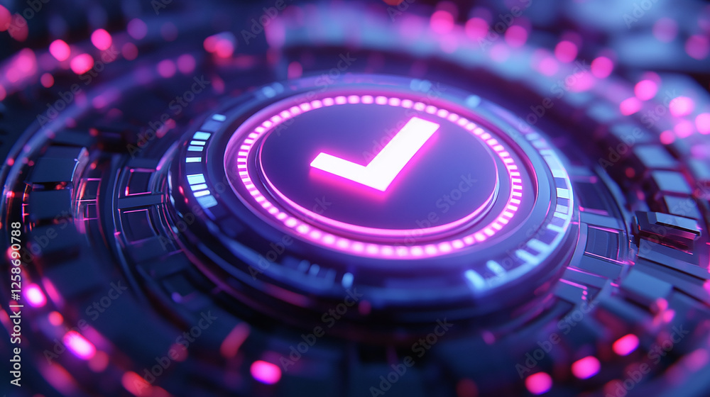 Glowing checkmark icon. Neon confirmation badge. Futuristic technology ...