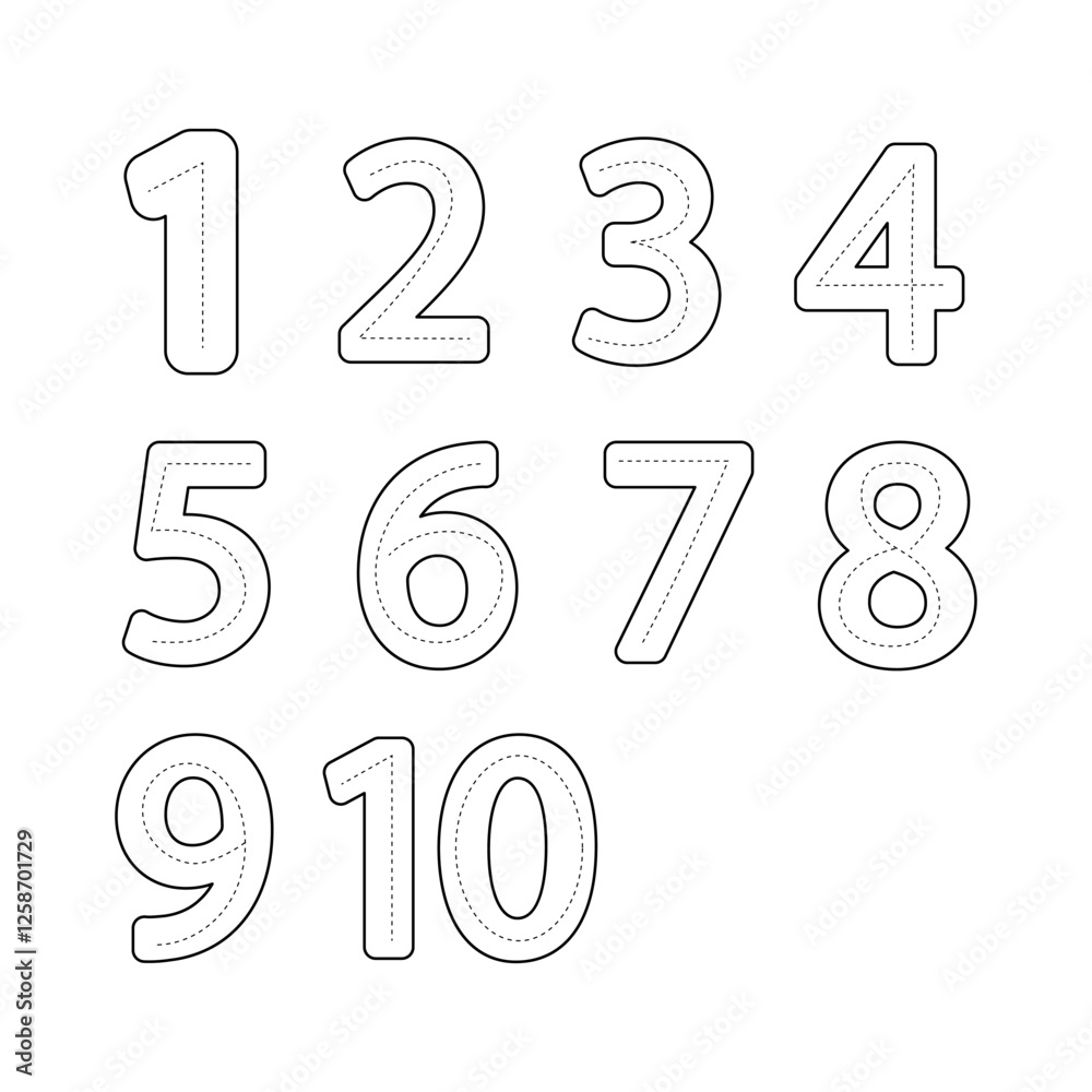Black color Handrawn line 10 Numbers Tracing. Children Learning ...