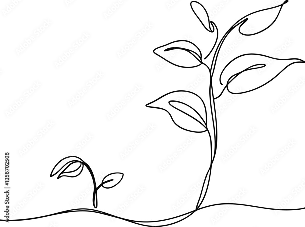Oneline drawing, plant growth, seedling, sprout, leaves, nature ...