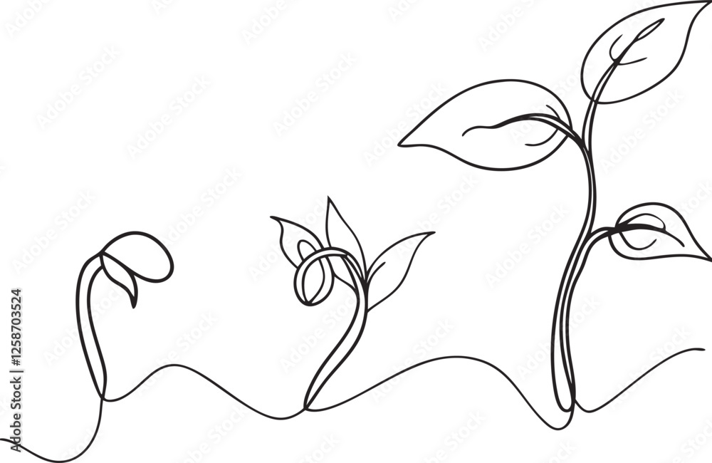 Continuous Line Drawing of Sprouting Plants Growth Stages Stock Vector ...