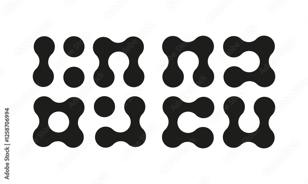 Metaball icon. Connected dots signs. Integration abstract symbols. Circles simple patterns ...