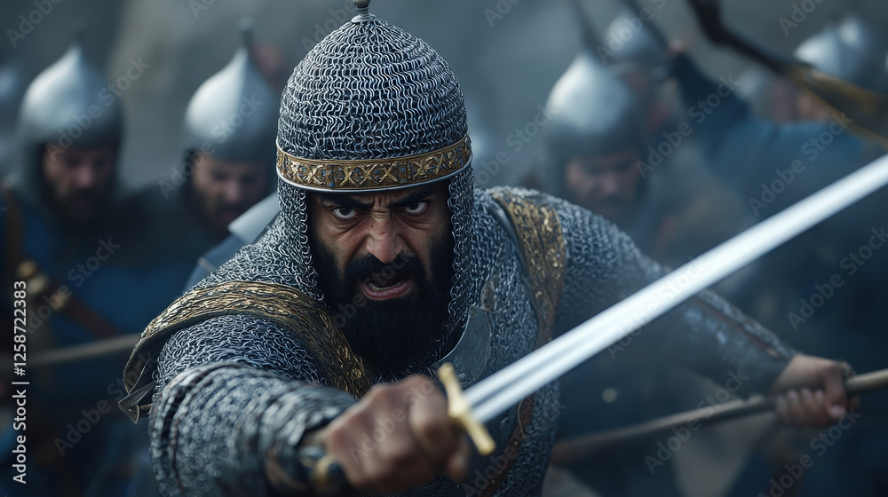 Arabic islamic muslim soldier warrior in armor fighting in medieval ...