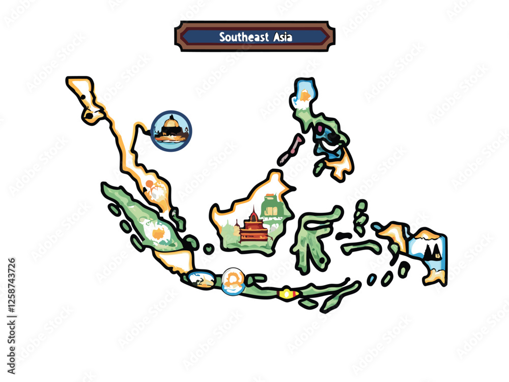 Create a vibrant vector map of Southeast Asia showcasing key cultural ...
