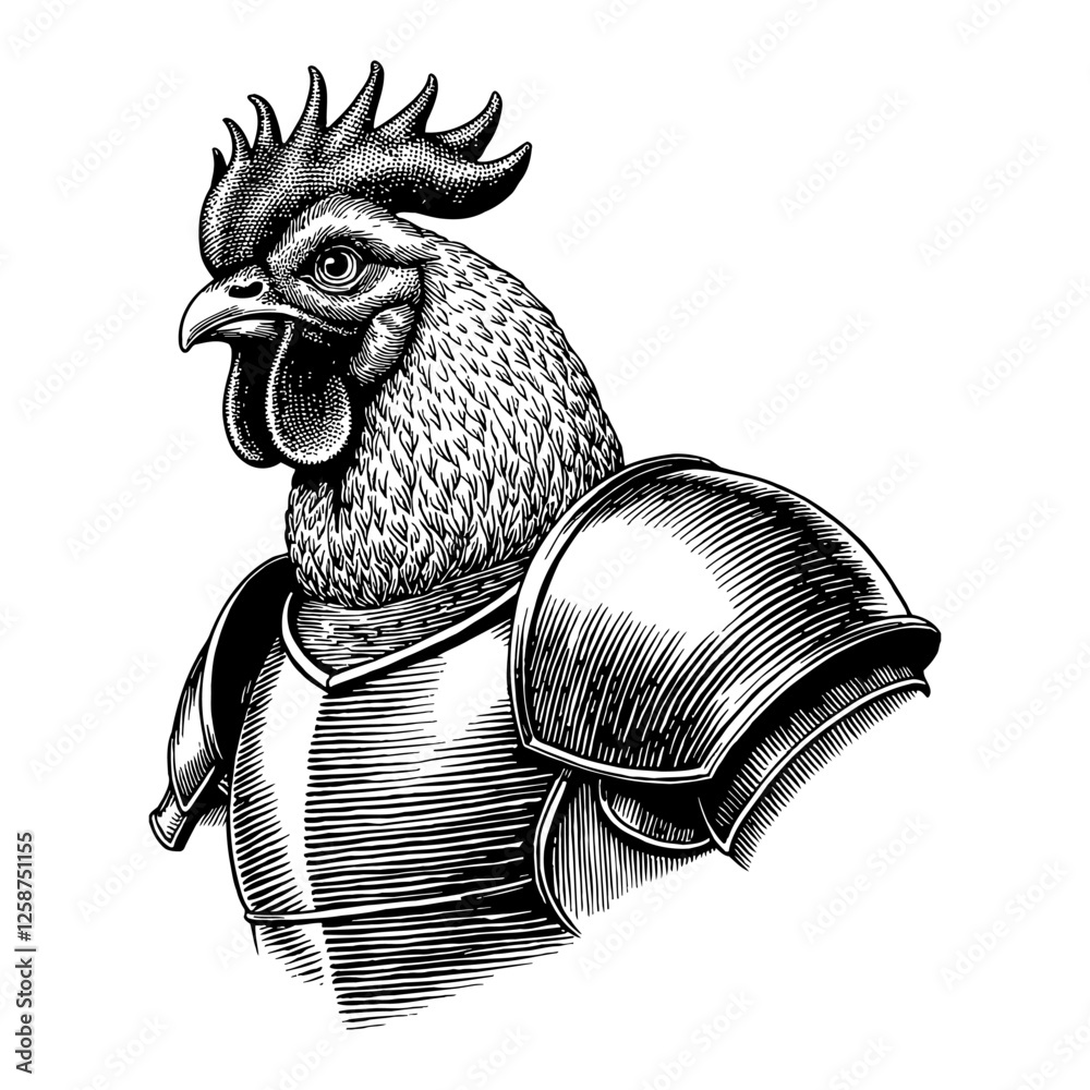 Rooster Humanoid with Medieval Knight Armor Black and White Outline ...
