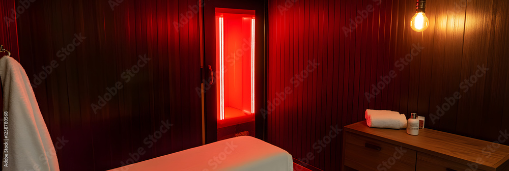 Red Light Therapy Room: A modern wellness space featuring a red light ...