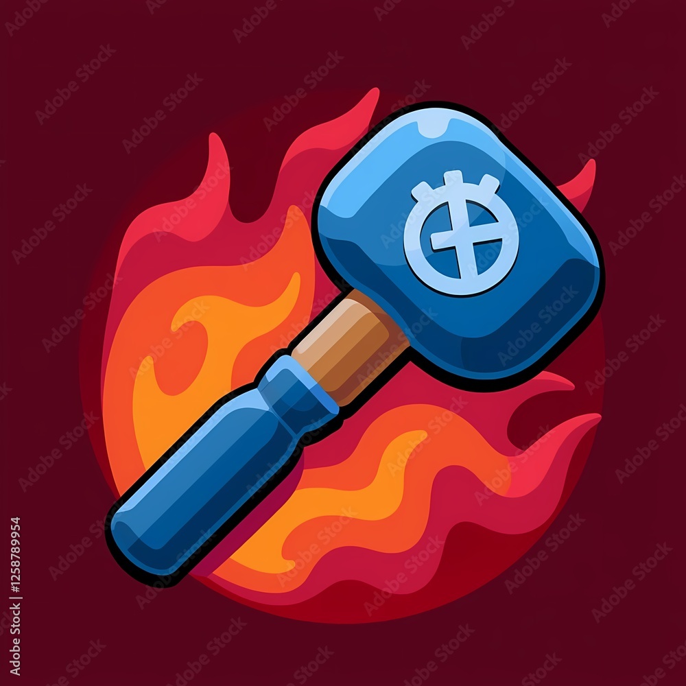 An animated image of a blue hammer with a painted logo. The background ...