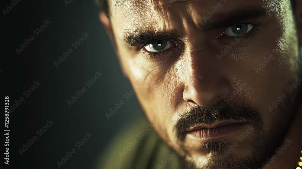 A man stares intensely into the camera, showcasing vivid green eyes and ...