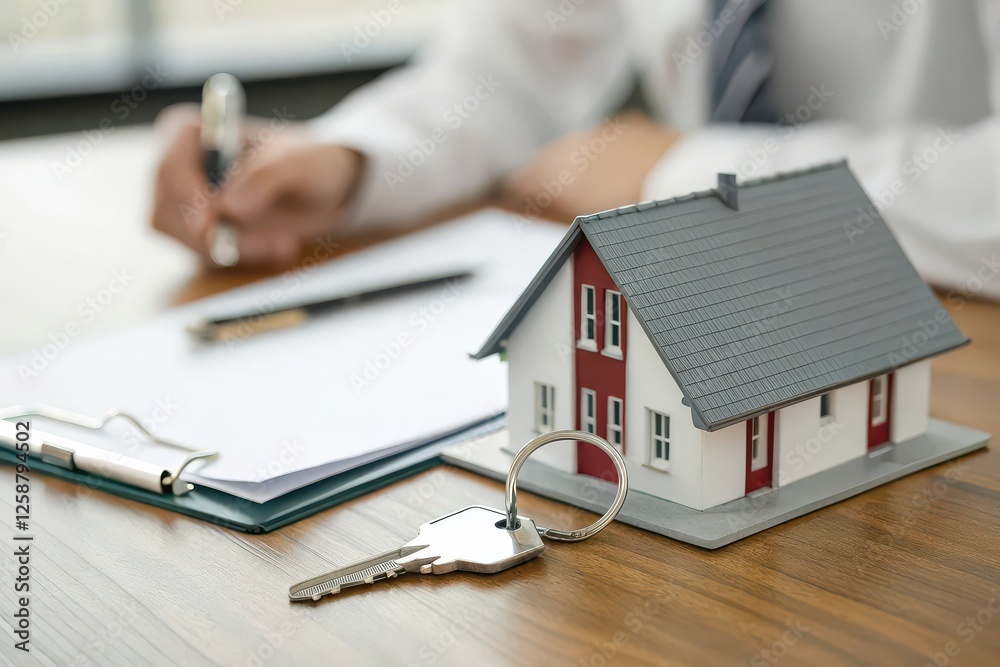 Person signing documents with a house model and keys on a table ...