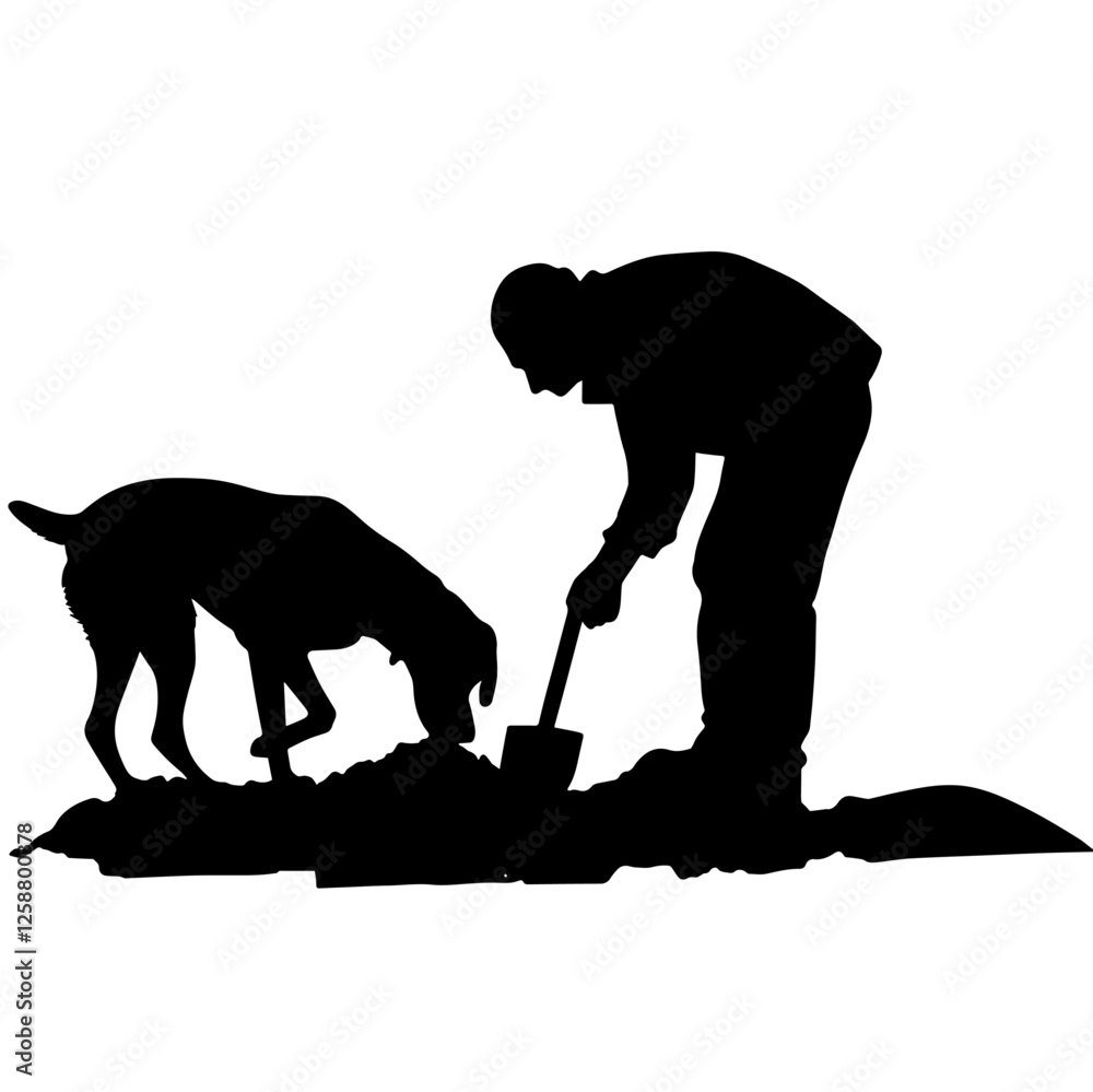 Dog digging with owner in sand, treasure hunt concept, teamwork ...