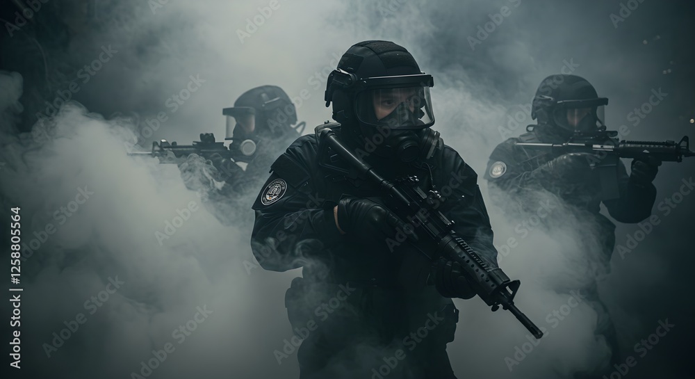 Swat team in action. Three armed officers in tactical gear advancing ...