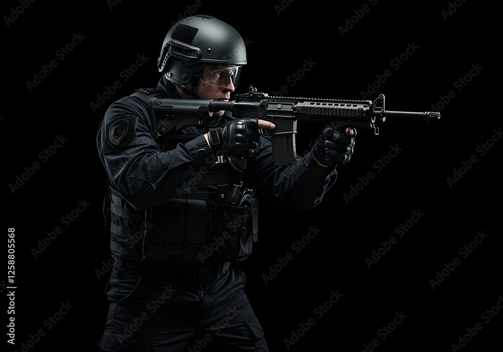 Swat team member in black tactical gear aiming assault rifle. Law ...