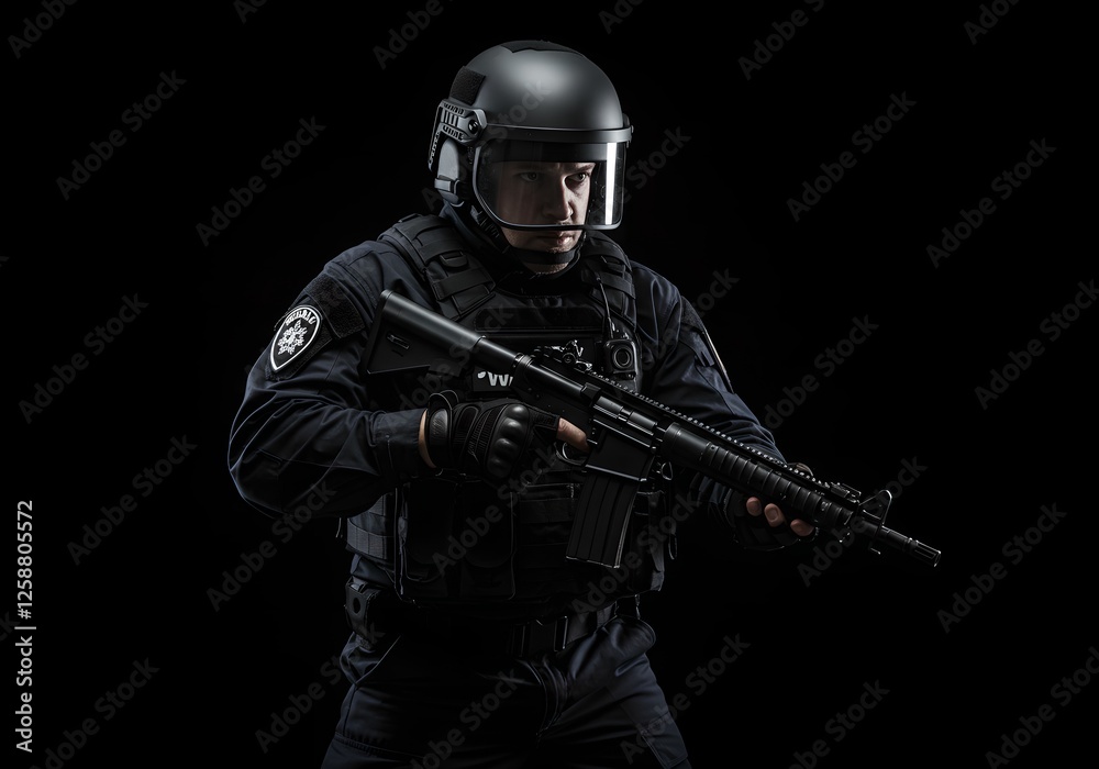 Swat team member in full tactical gear holding assault rifle on black ...