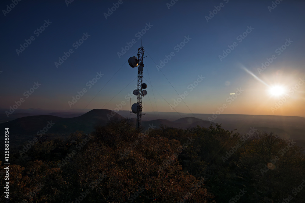 Antennas on a Cell Tower, silhouette of telecommunication antenna cellular tower for telephony ...