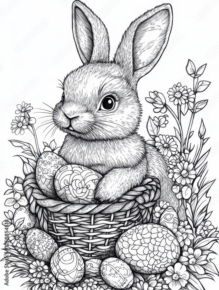 line art, coloring book page, black and white, Easter themed, cute ...