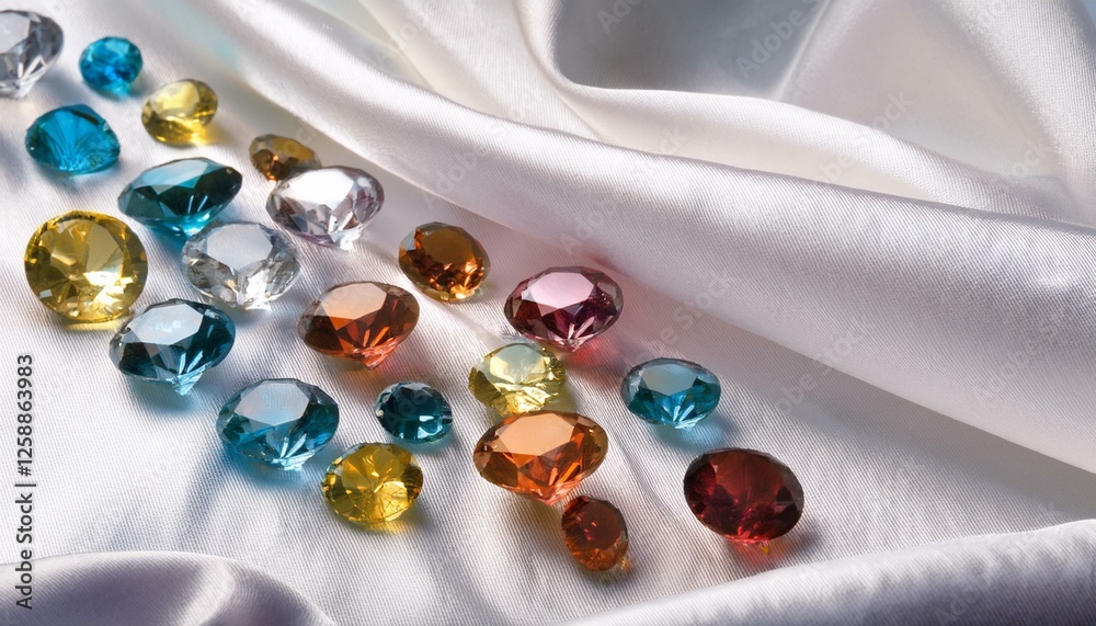 shiny cut gemstones on smooth white silk fabric background in bright ...
