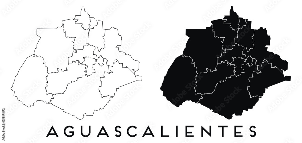 Aguascalientes map of regions districts vector black on white and ...