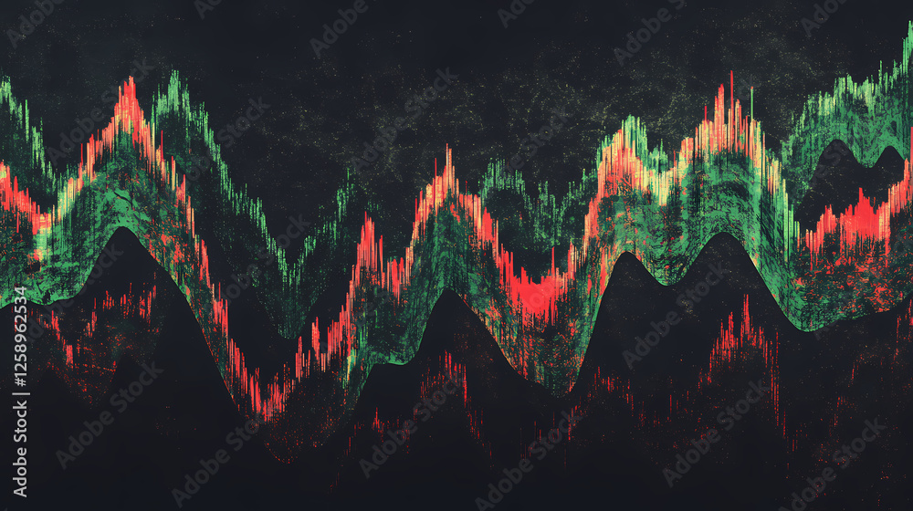 Mixed green and red stock market candles in a zigzag pattern on a solid ...