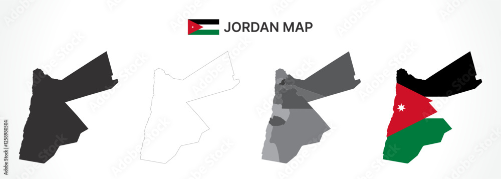 Detailed Jordan Map Collection with Outline, Silhouette, Governorates ...