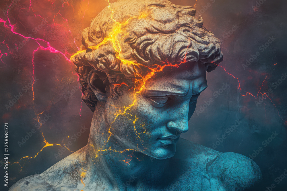 Ancient marble statue with glowing cracks and electric energy. Concept ...